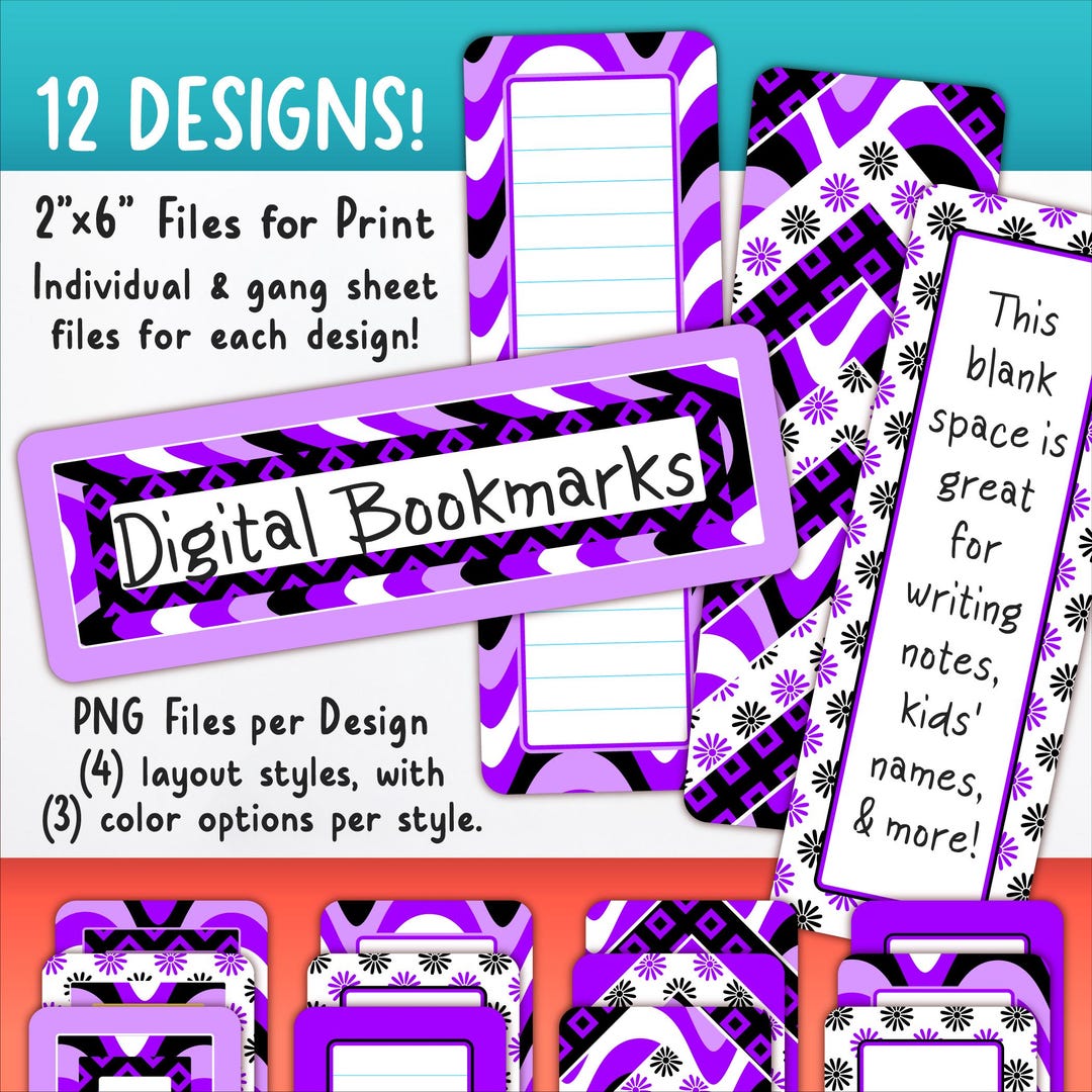 Digital Bookmarks (printable), Clipart Bundle Set of 12 | Lined & Blank ...