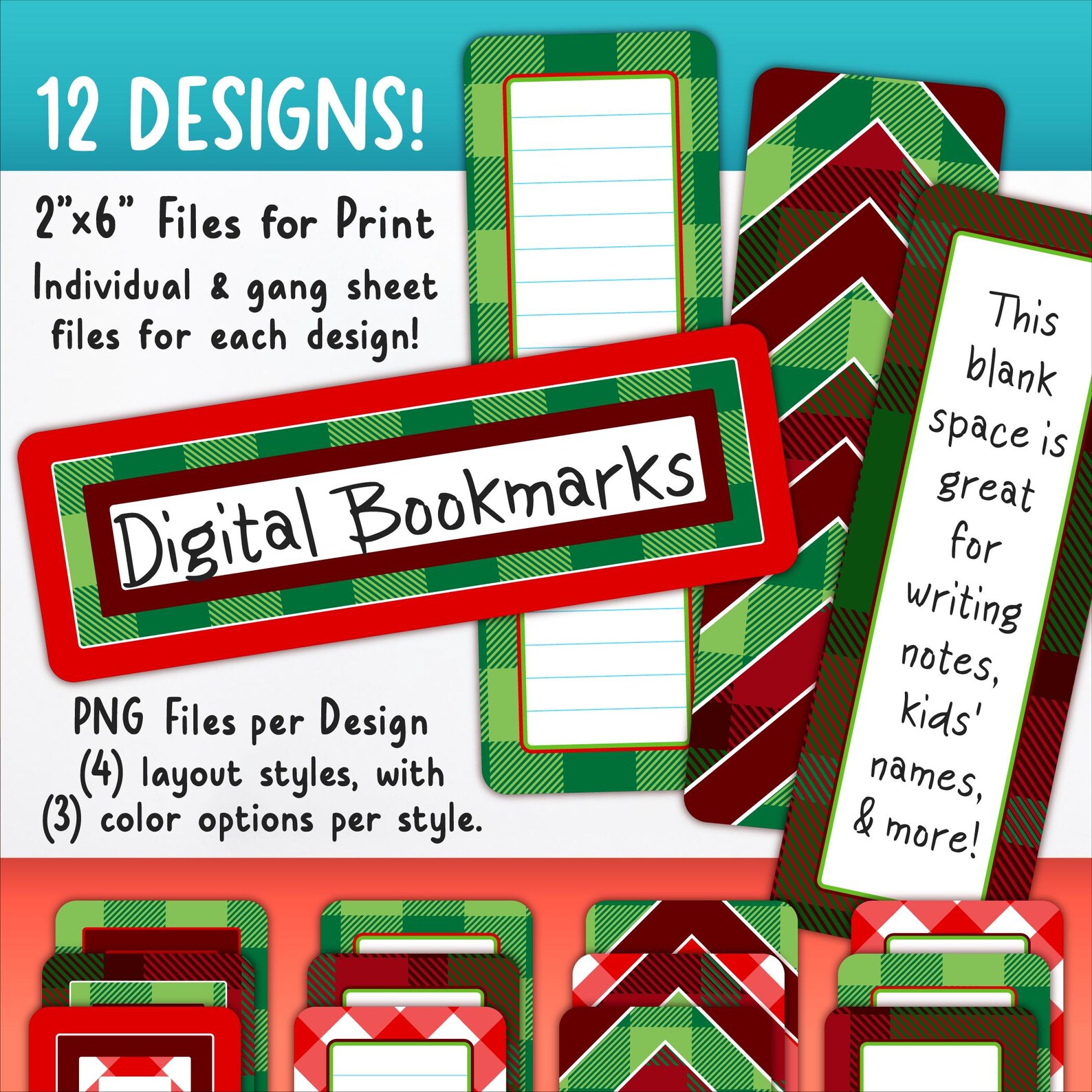 Digital Bookmarks (printable), Clipart Bundle Set of 12 | Lined & Blank ...
