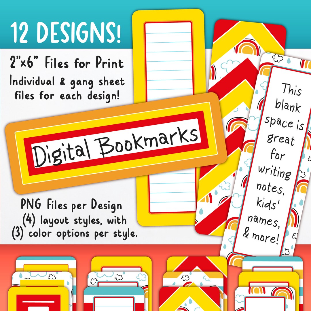 Digital Bookmark Printables, Clipart Bundle Set of 12, Rainbows ...