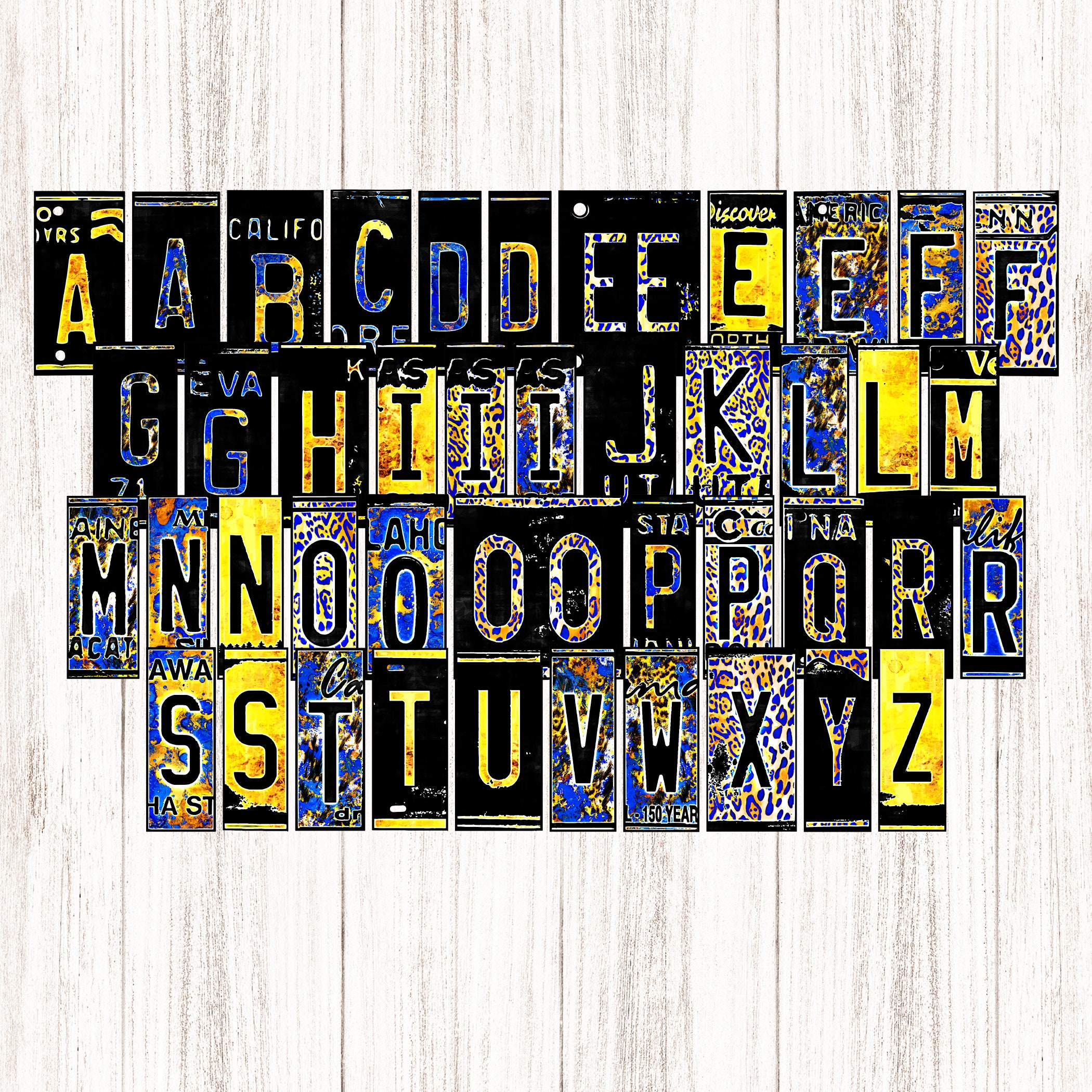 Royal Blue & Gold License Plate Alphabet, Mix Match Letters, Grunge ...