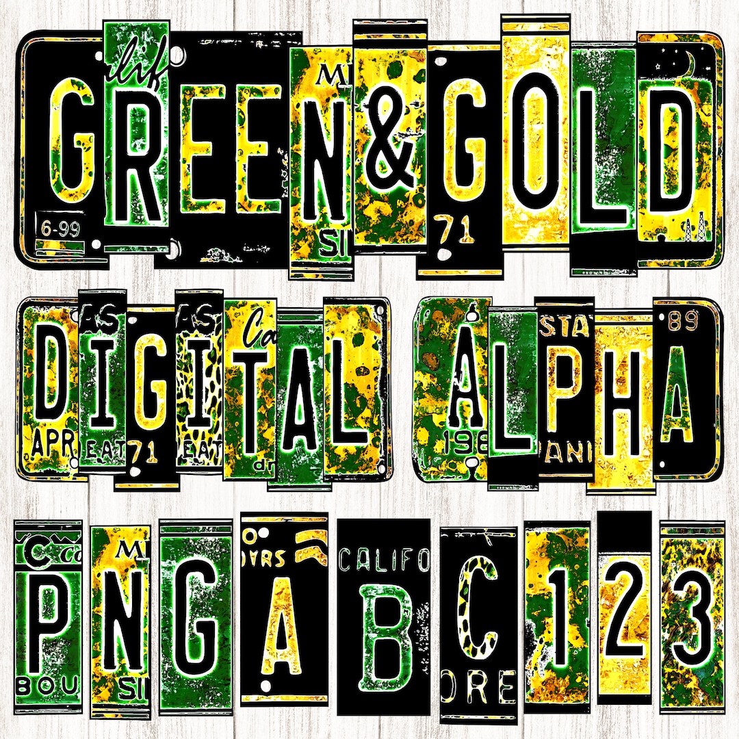 Green & Gold License Plate Alphabet, Mix Match Letters, Grunge Leopard ...