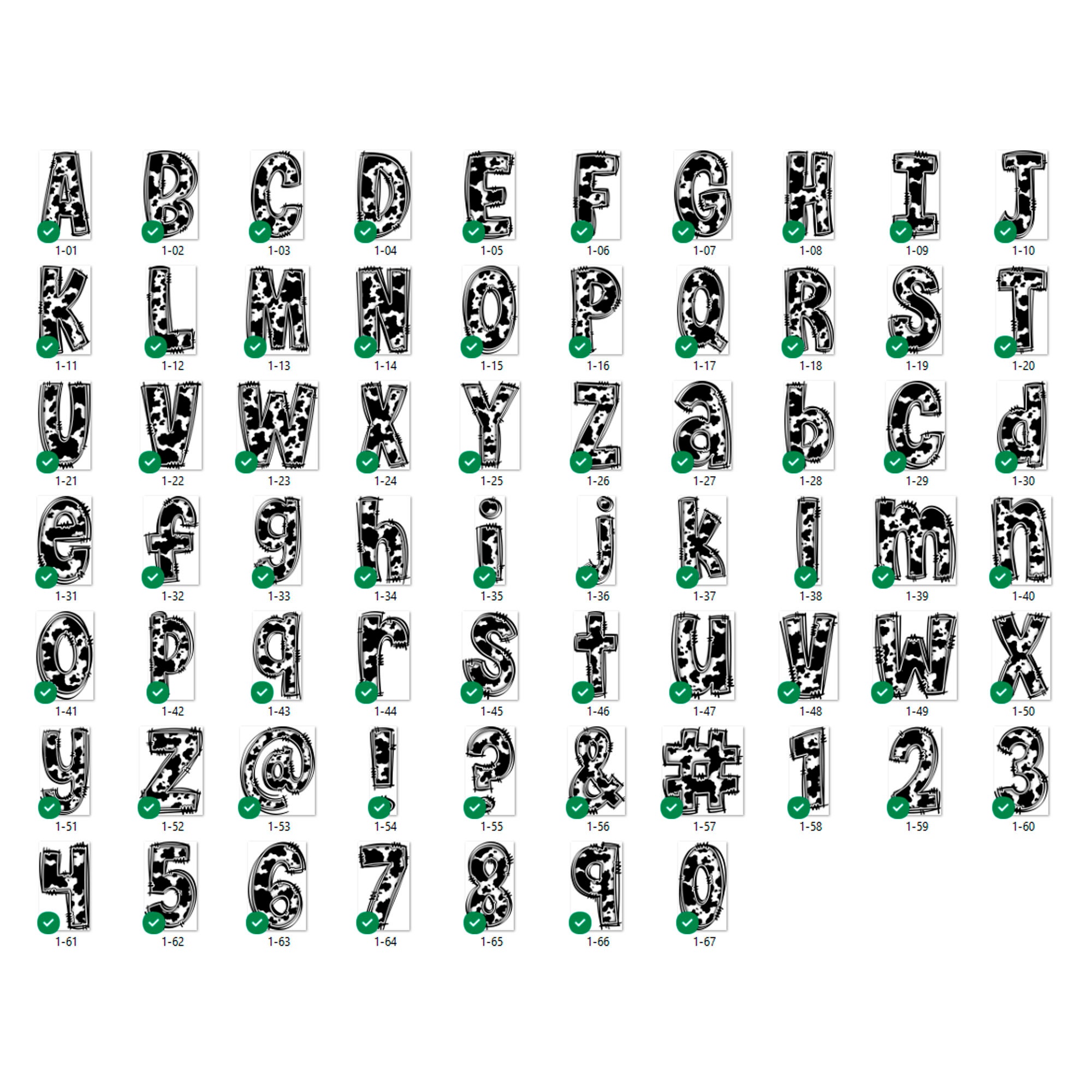 Cow Doodle Alpha PNG, VS3 Uppercase, Lowercase, Black & White Cow Print ...