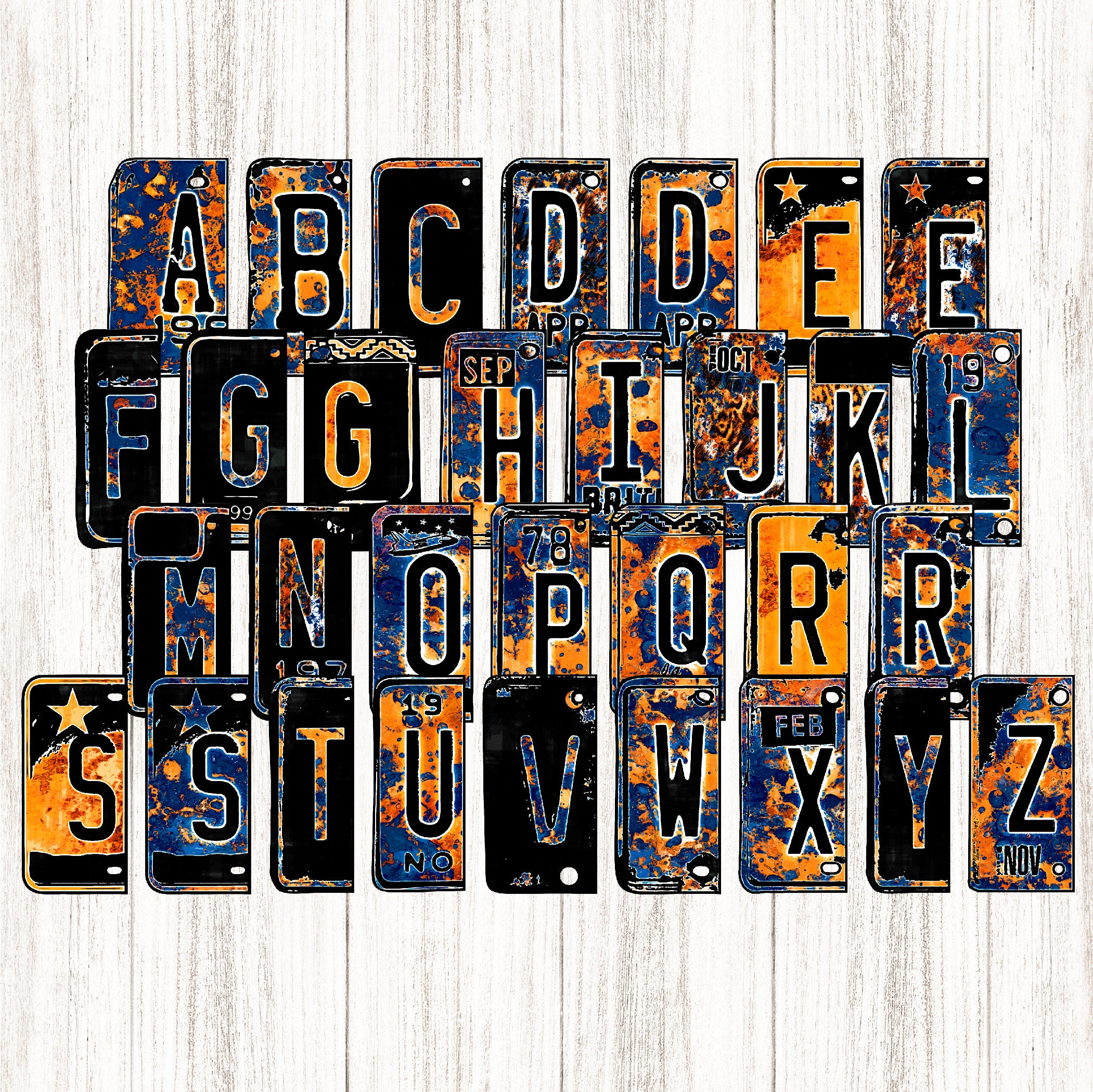 Navy Blue & Orange License Plate Alphabet, Mix Match Letters, Grunge ...
