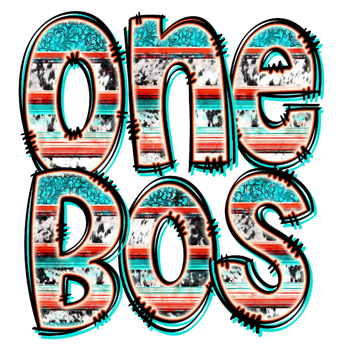 Turquoise Cow Serape Alphabet, Uppercase Lowercase and Numbers, Doodle ...