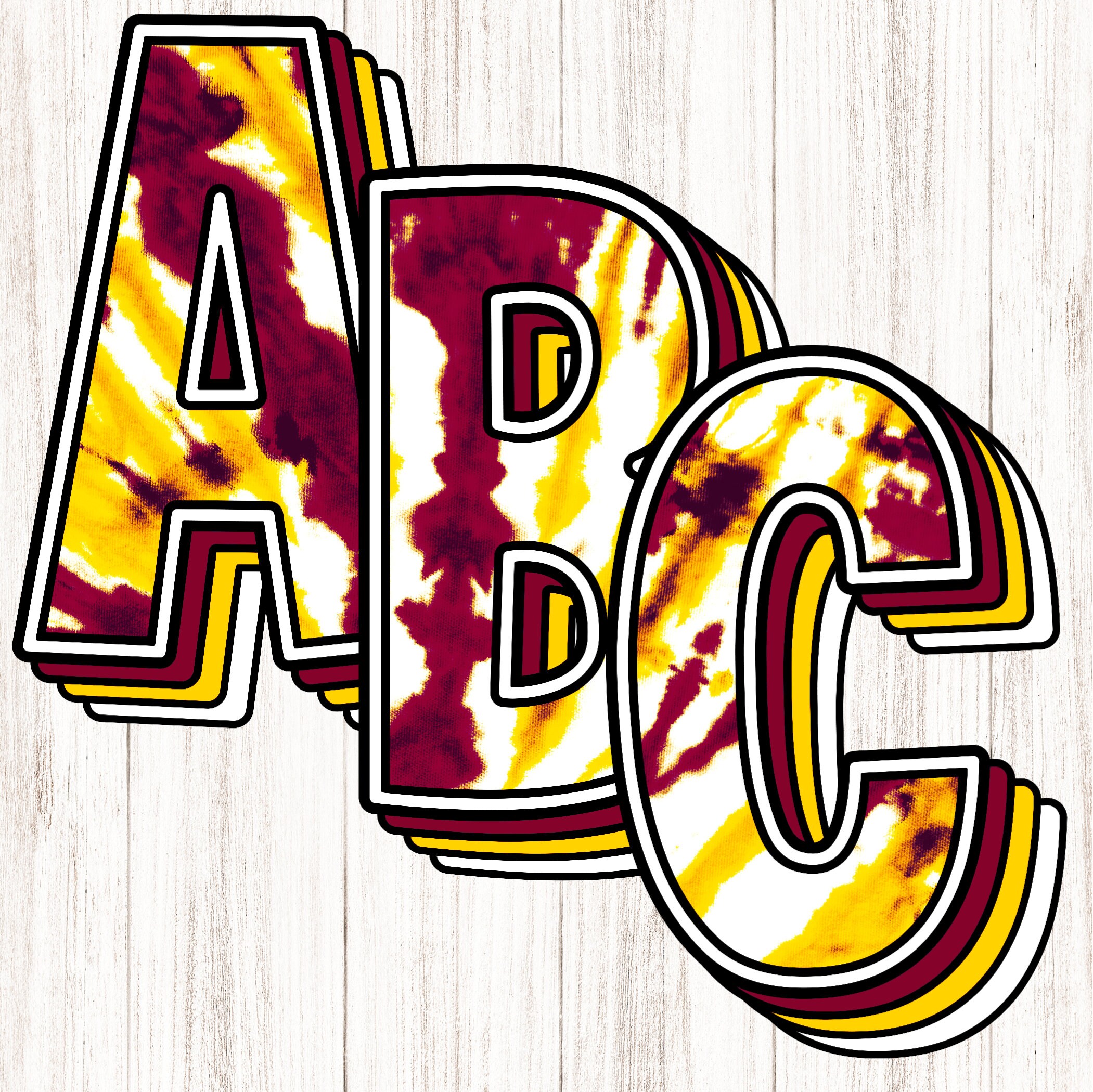 Tiedye Alphabet PNG, Maroon White & Yellow Gold Shadow Letters ...