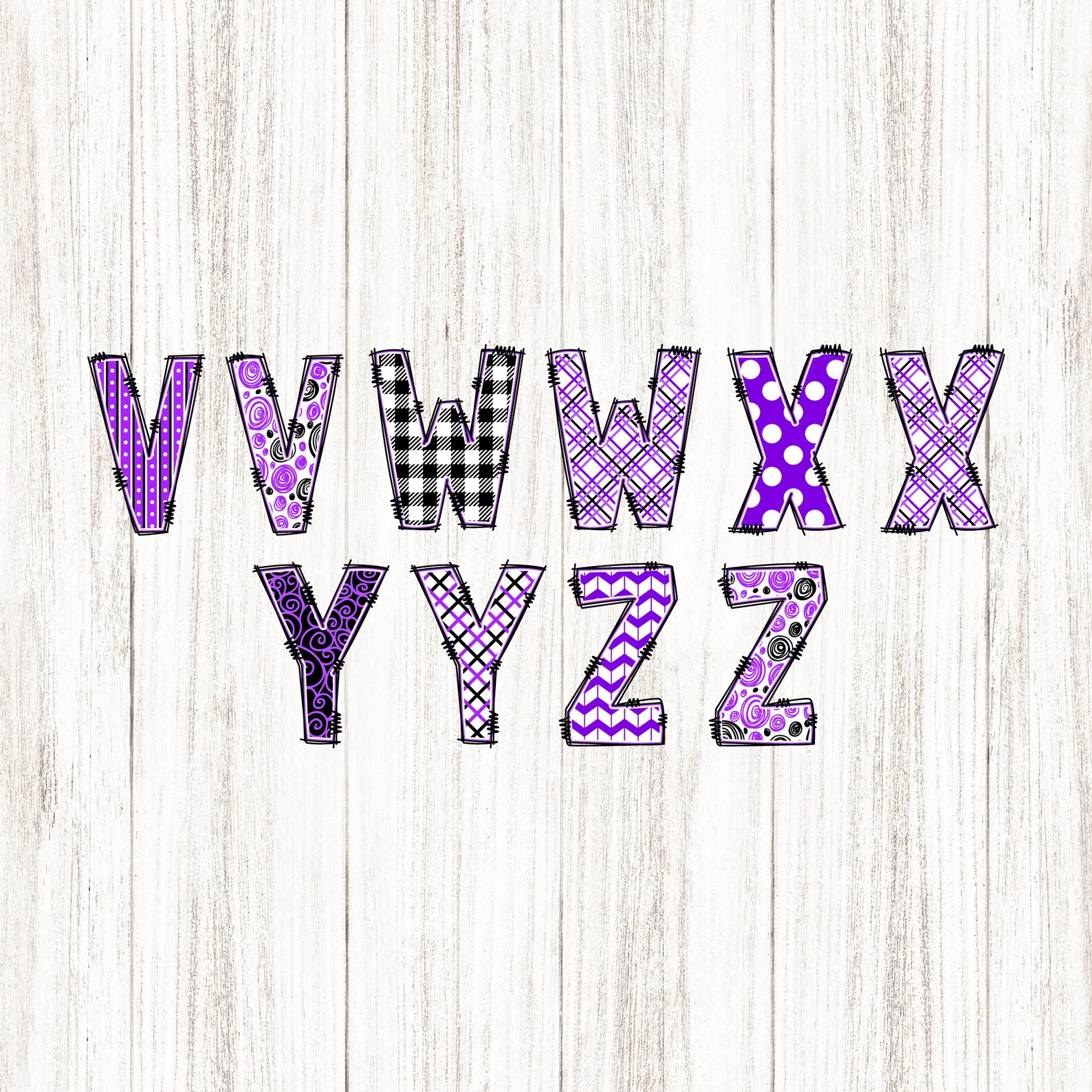 Doodle Alphabet, Double Doodle 2 Sets, Purple Black White Pattern Fill ...