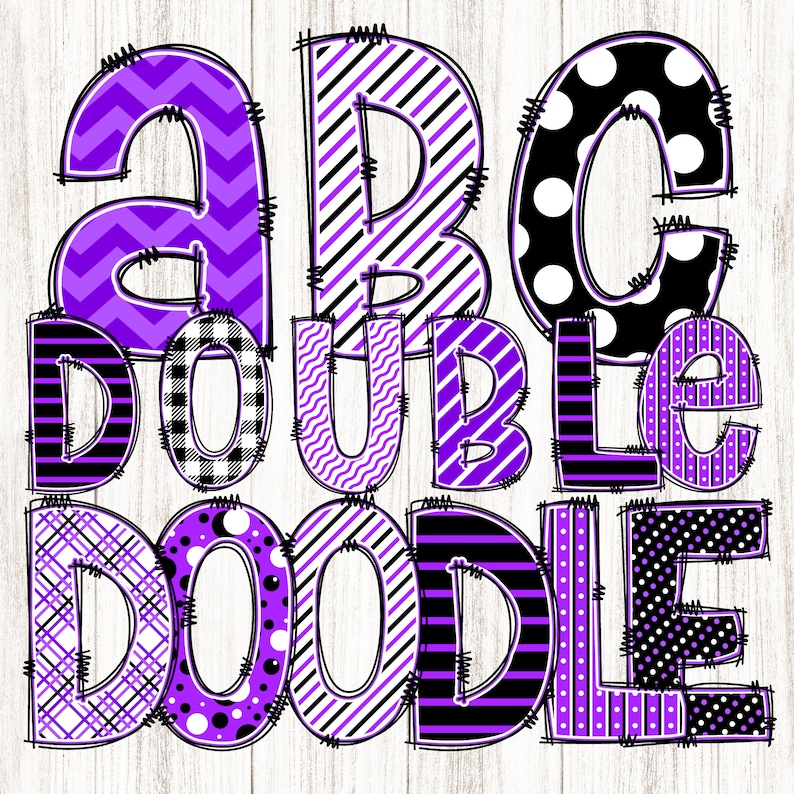 Doodle Alphabet, Double Doodle 2 Sets, Purple Black White Pattern Fill ...