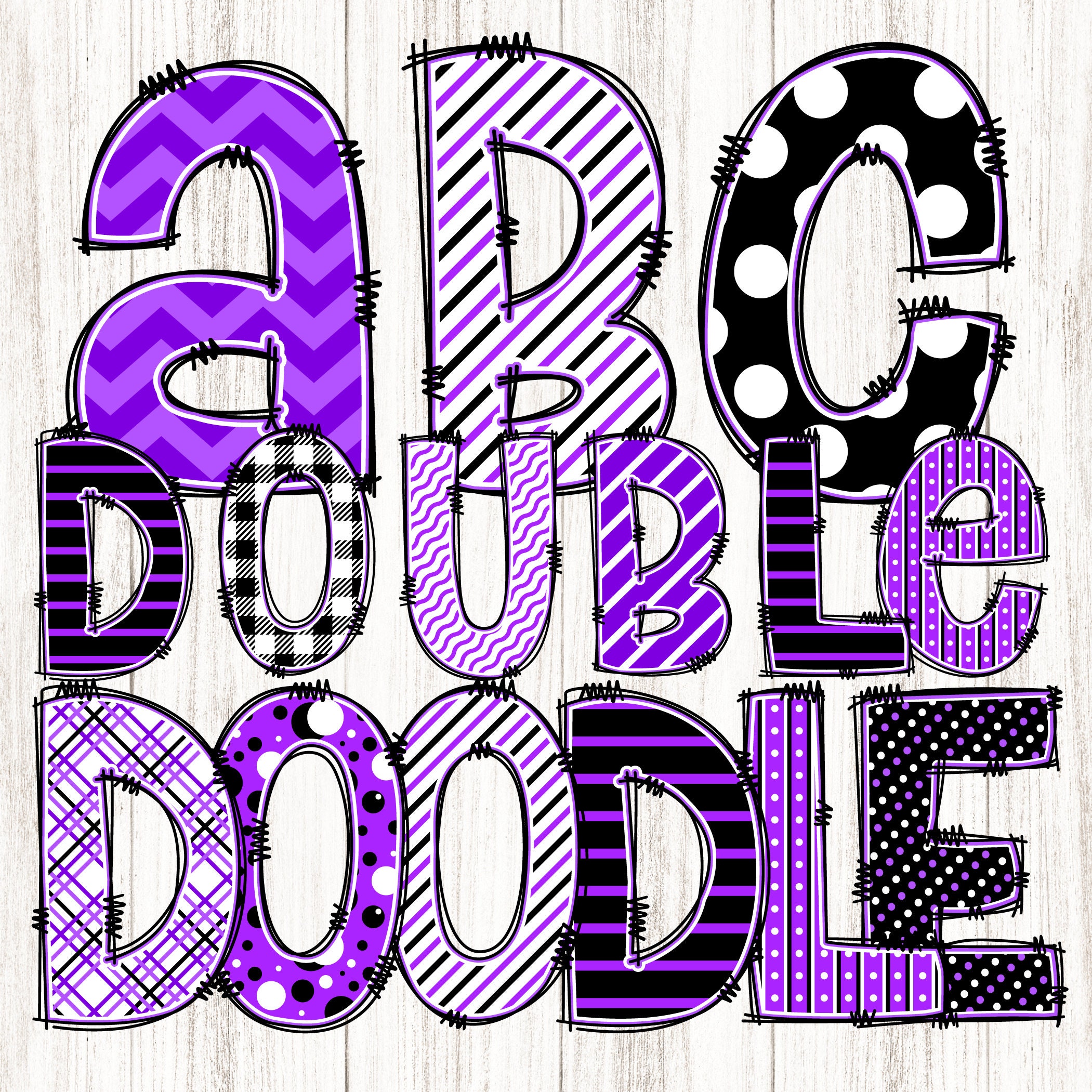Doodle Alphabet, Double Doodle 2 Sets, Purple Black White Pattern Fill ...