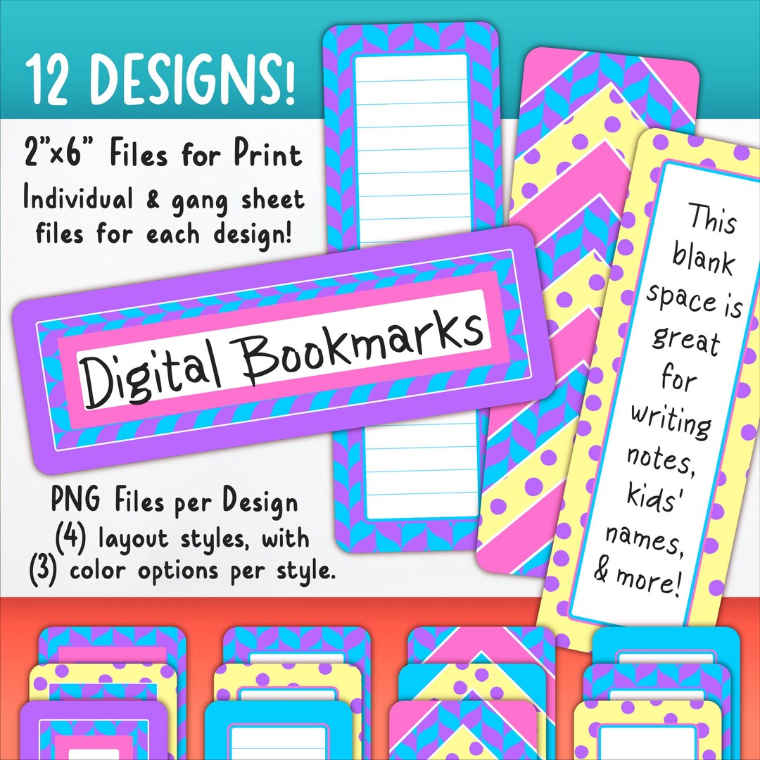 Digital Bookmarks (printable), Clipart Bundle Set of 12 | Lined & Blank ...