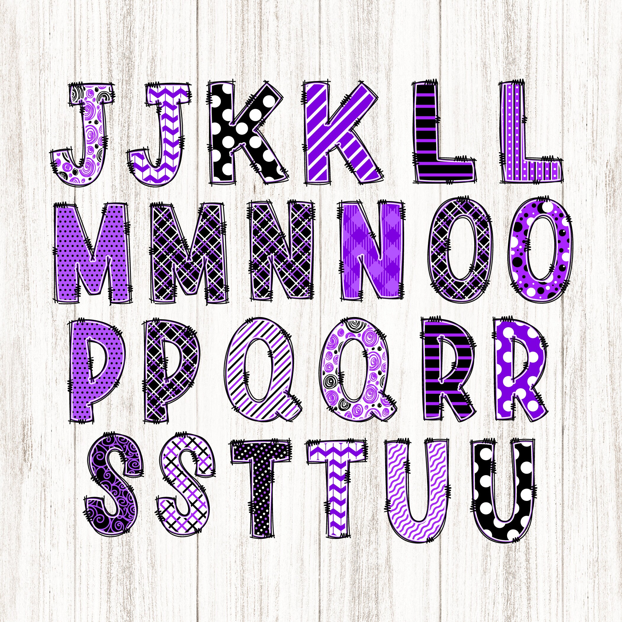 Doodle Alphabet, Double Doodle 2 Sets, Purple Black White Pattern Fill ...