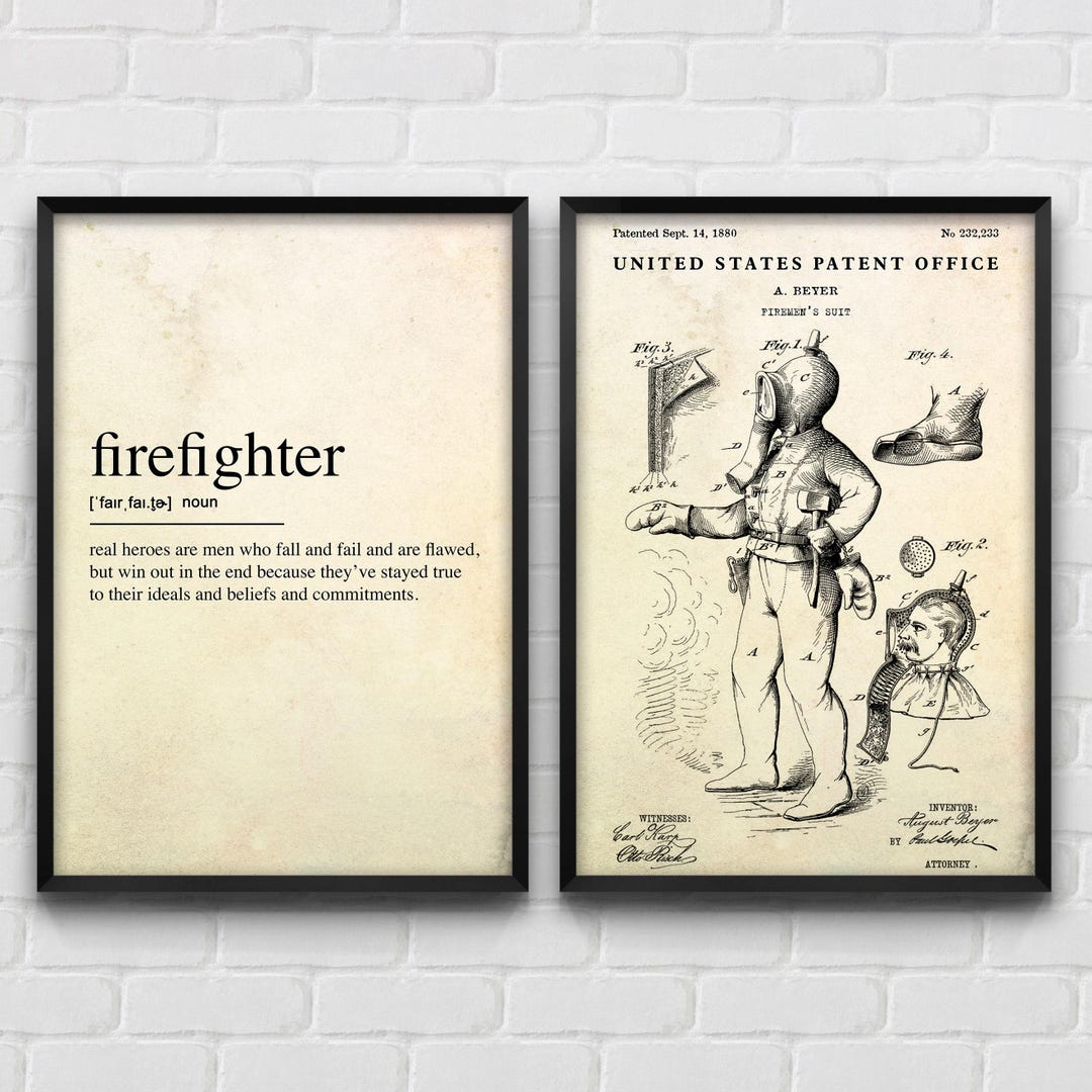 Firefighter Wall Art Set, Definition Patent Prints Fireman Gift Fire ...