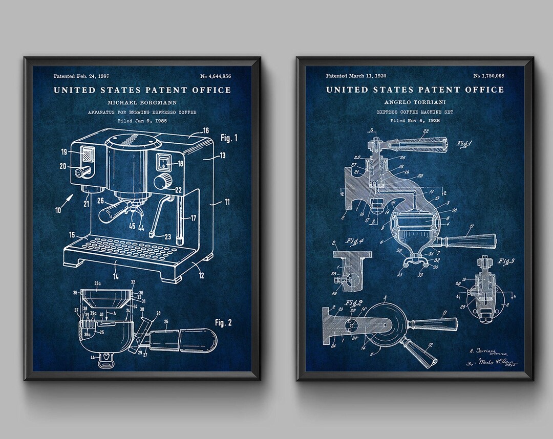 Espresso Machine Blueprint Wall Art, Vintage Coffee Patent Poster Set ...