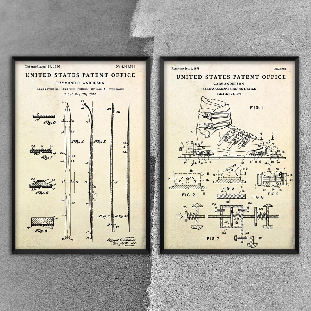 Winter Sports Patent Wall Art, Skis Boots Inventions Blueprint, Skier ...