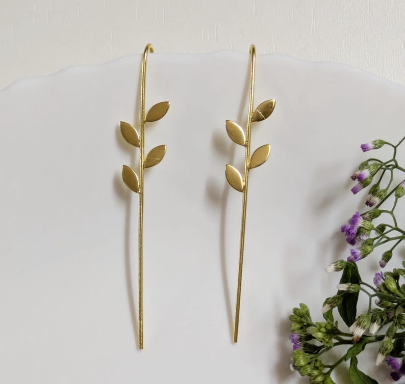 Pair Gold Ear Pin Earrings,bar Ear Wrap,leaf Climber Ear Hook,edgy Pin ...