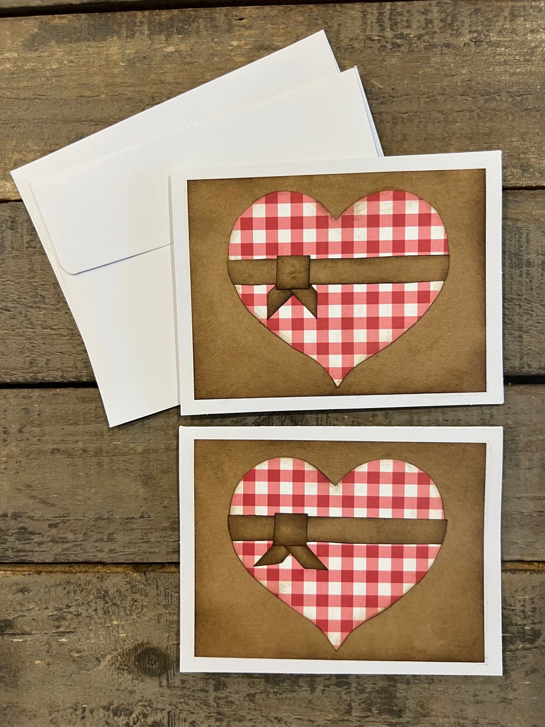 Gingham Heart Cards, Farmhouse Heart Cards, Set of 2 Cards, Handmade, Cute Heart Card Set, Hand ...