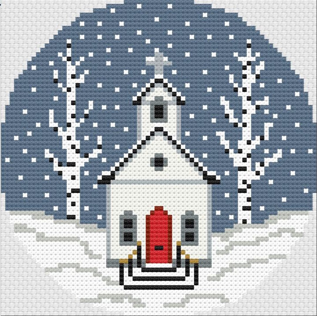 Snowy Church Needlepoint Pattern, Ornament Round, Snowy Birch Trees and ...