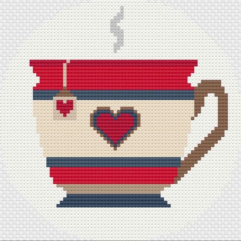 Country Red, Blue and Tan Teacup Needlepoint Pattern, Teacup ...