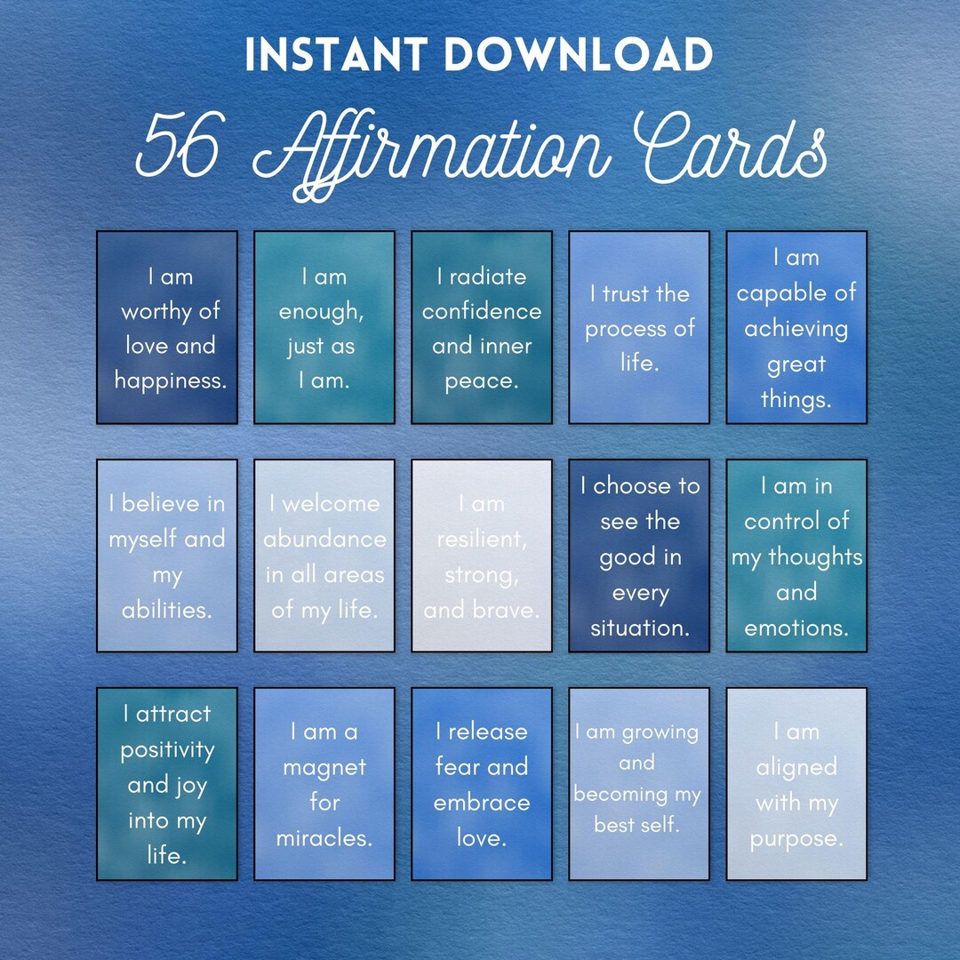 56 Blue Daily Affirmation Cards Printable – Positive Self-love Quotes ...