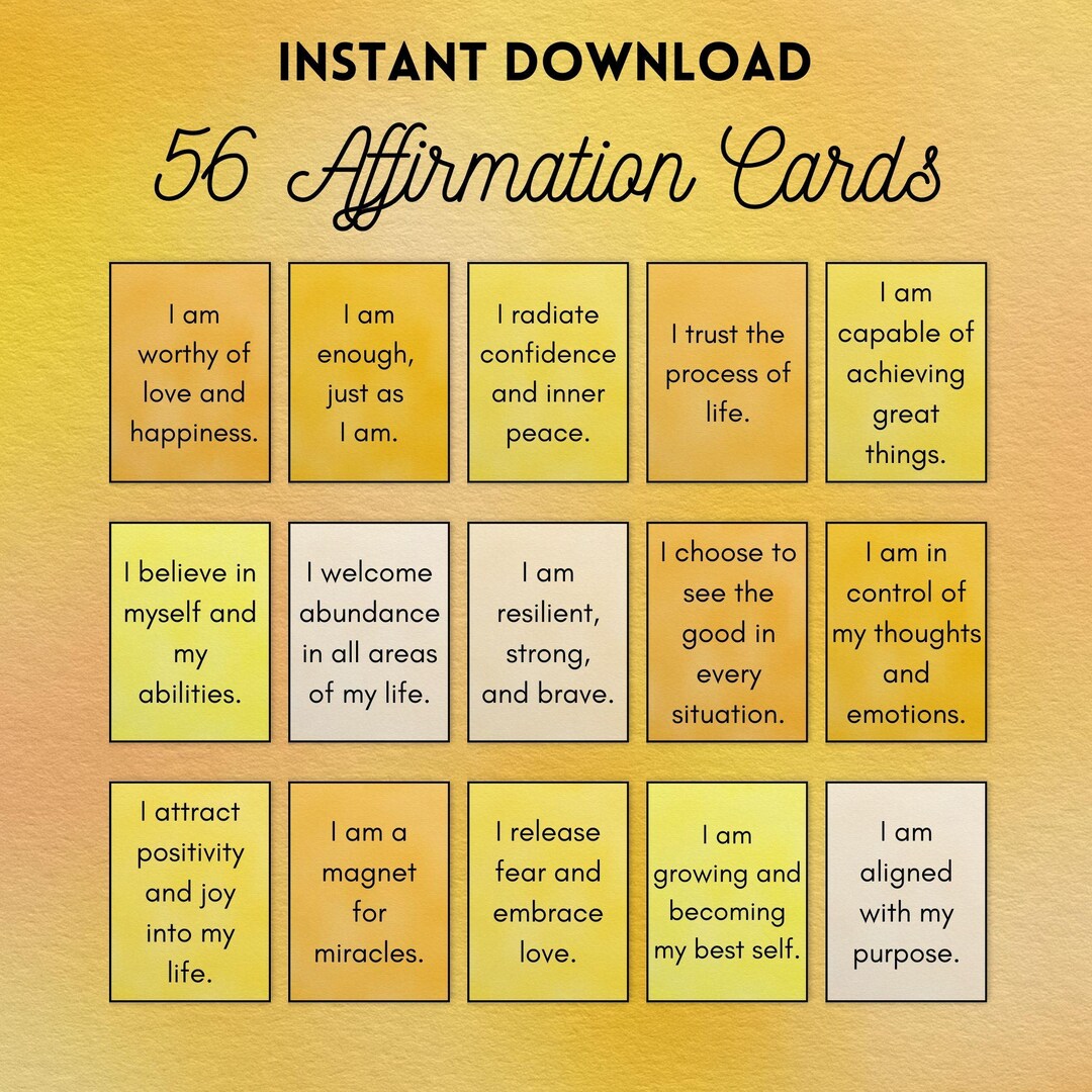56 Yellow Daily Affirmation Cards Printable – Positive Self-love Quotes ...