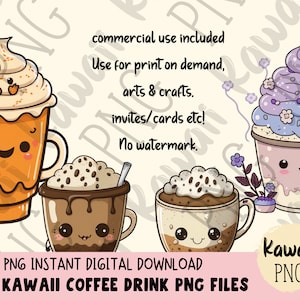 Kawaii Coffee Clipart Hot Chocolate PNG Cute Drinks Graphics Digital ...