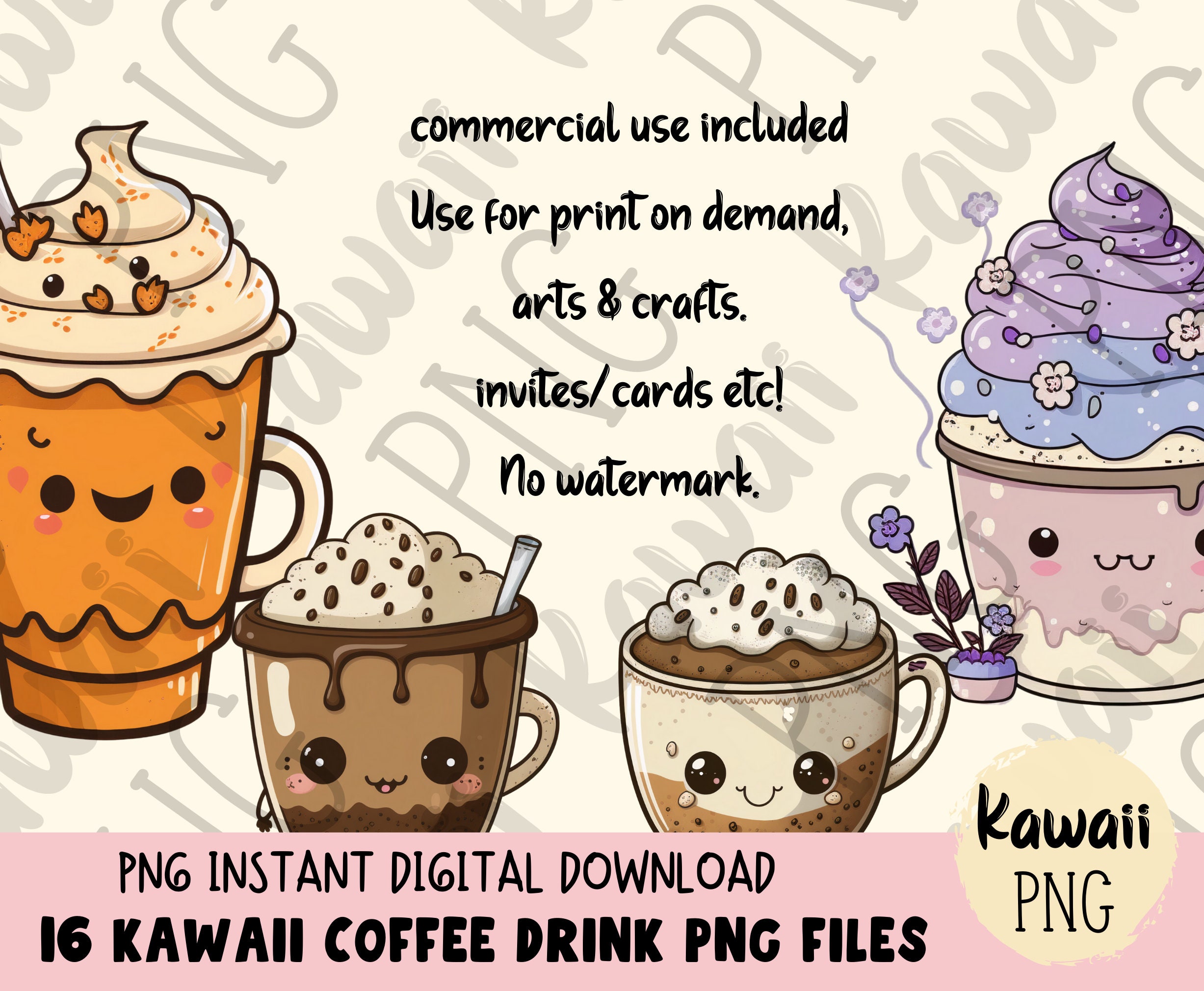 Kawaii Coffee Clipart Hot Chocolate PNG Cute Drinks Graphics - Etsy ...
