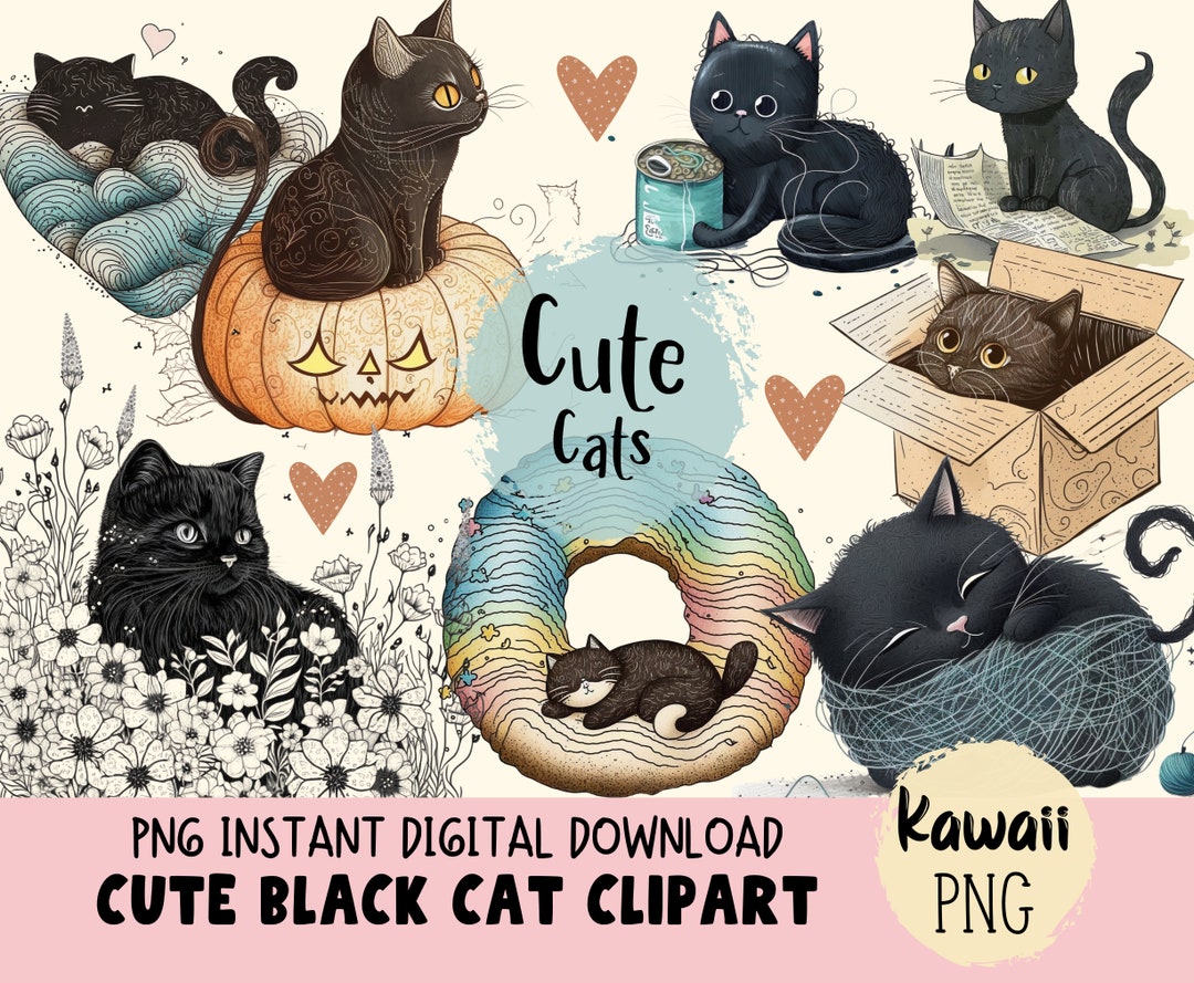 Black Cats Clipart Cute Cat Kawaii Kitten Witchy Cat PNG Funny Cat ...