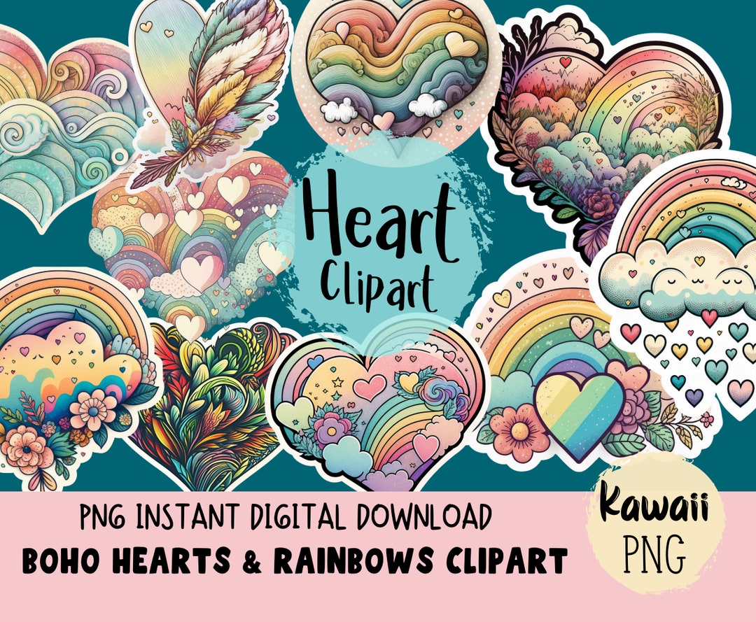 Boho Rainbow Clipart - Cute Heart Graphics - Heart Valentines PNG - for ...