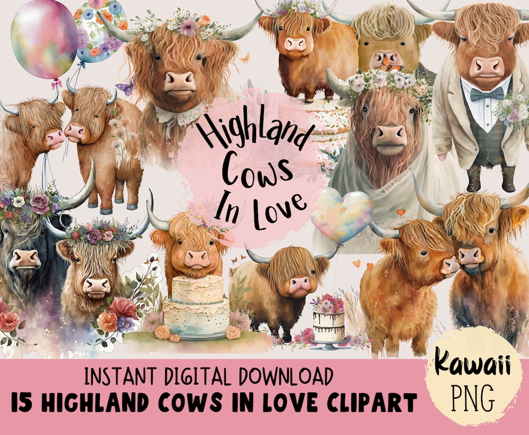 Highland Cow PNG Watercolor Wedding Clipart Cute Cow Couple Clip Art ...