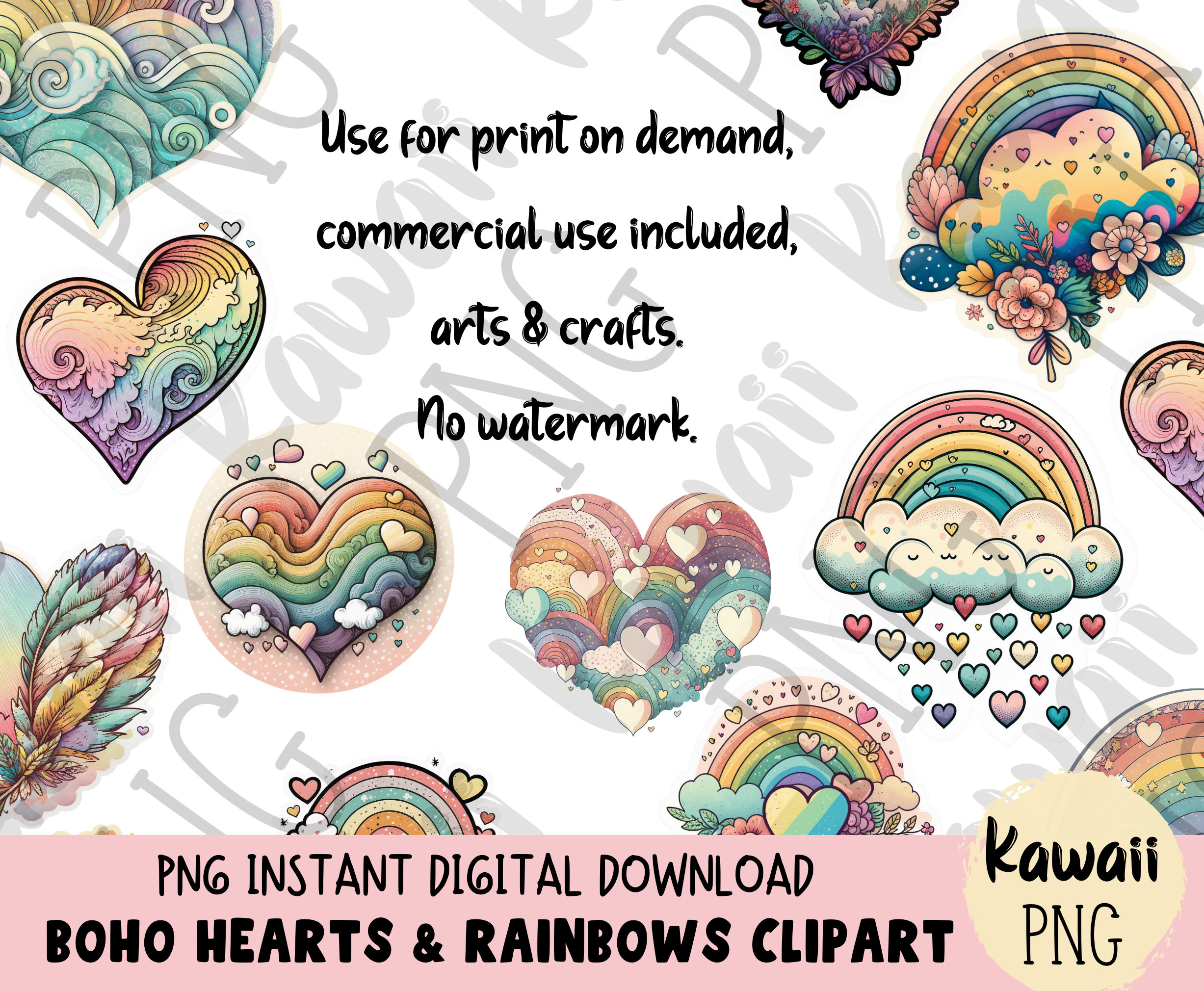 Boho Rainbow Clipart Cute Heart Graphics Heart Valentines PNG for ...