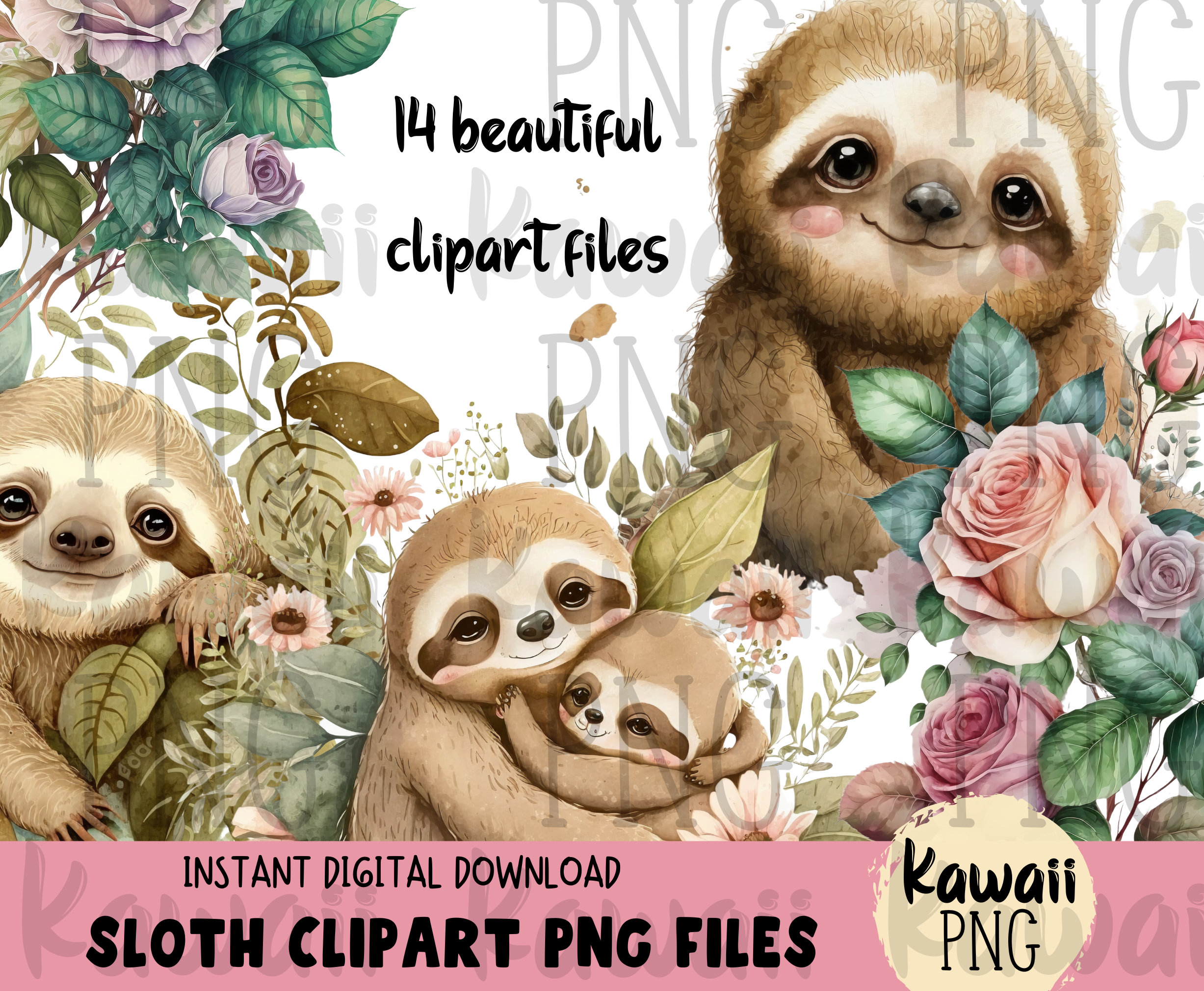 Cute Sloth PNG Files Watercolor Sloth Clipart With Floral - Etsy