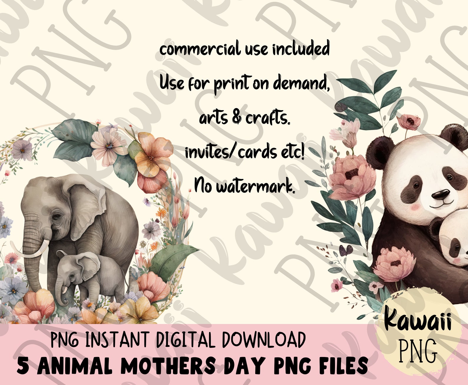Mommy Baby Animal Watercolor Clipart Mothers Day Digital Download Mom ...