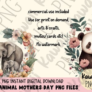 Mommy Baby Animal Watercolor Clipart Mothers Day Digital Download Mom ...