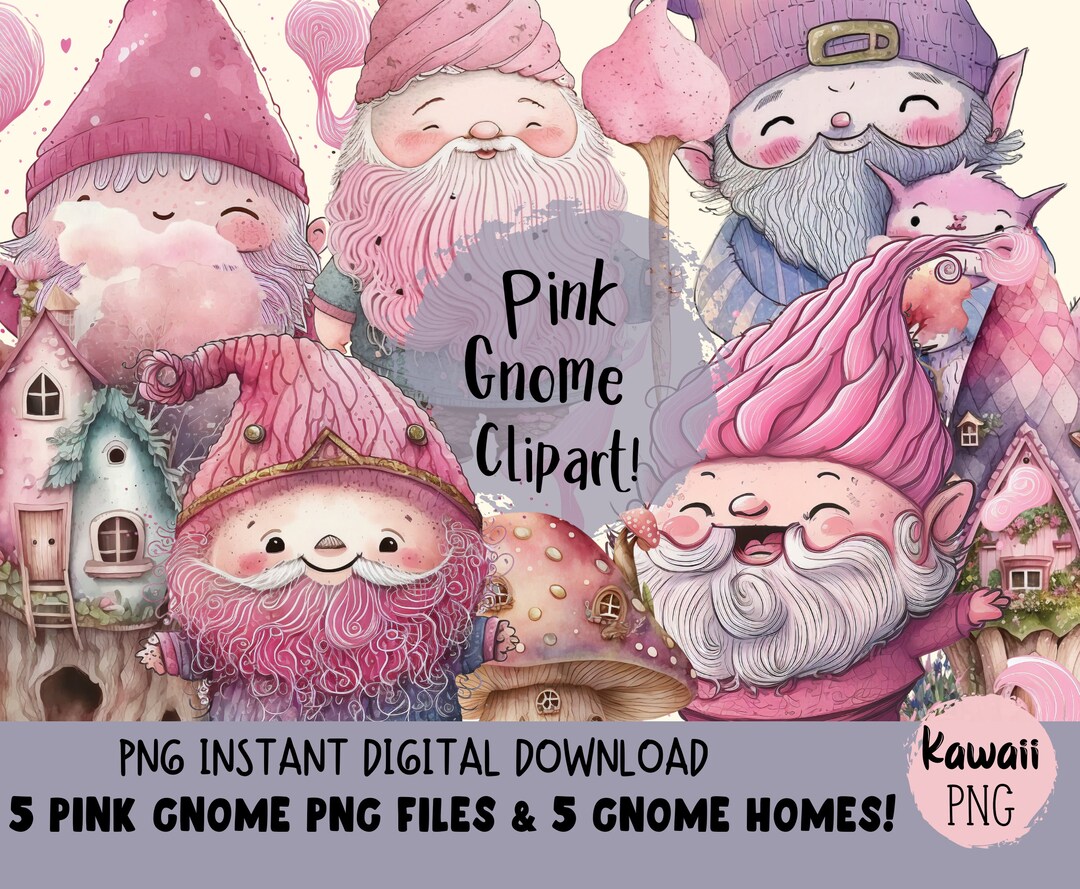 Pink Gnome Clipart PNG Bundle Cute Watercolor Gnome House Clipart PNG ...