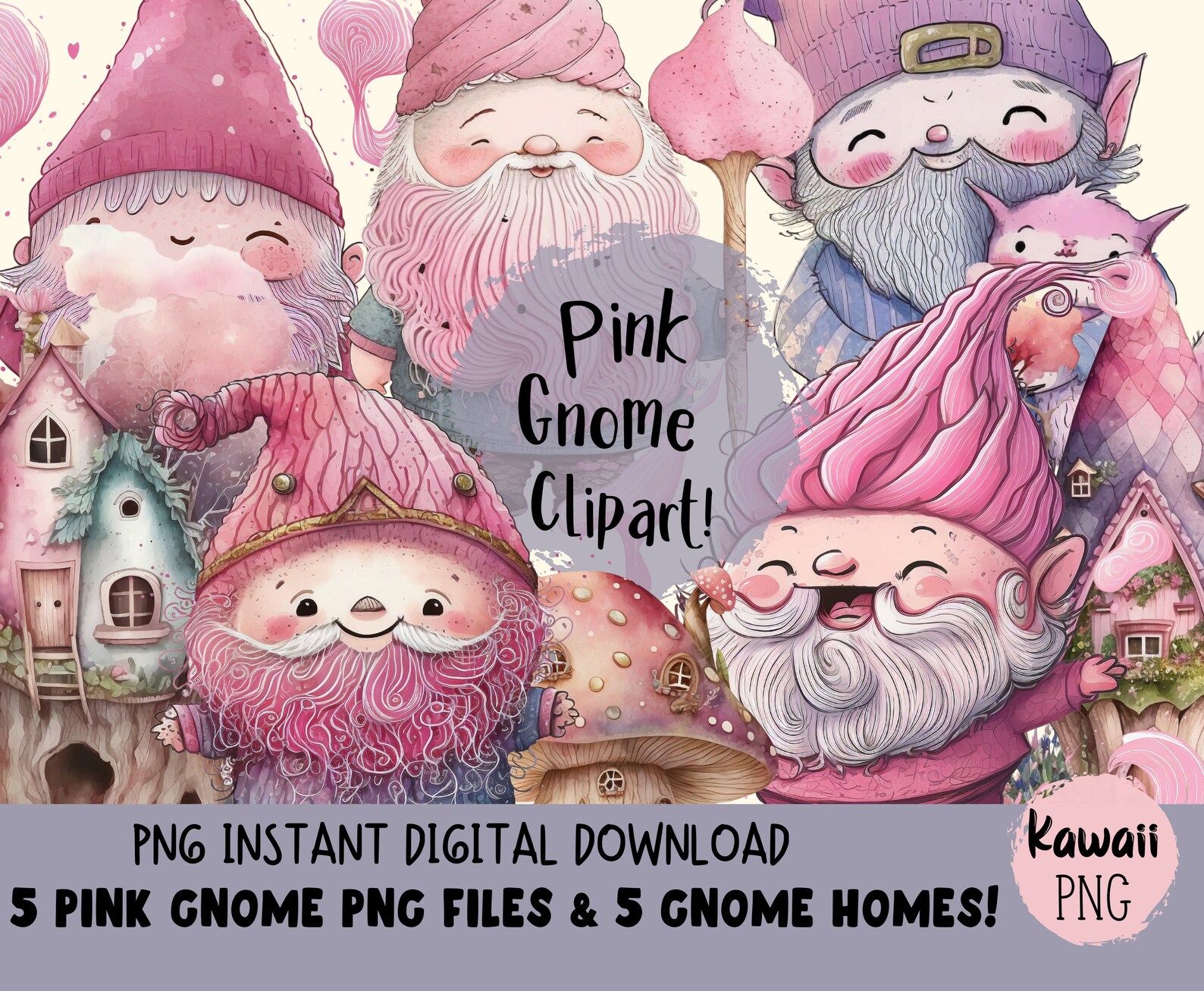 Pink Gnome Clipart PNG Bundle Cute Watercolor Gnome House Clipart PNG ...