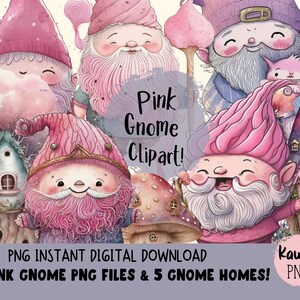 Pink Gnome Clipart PNG Bundle Cute Watercolor Gnome House Clipart PNG ...