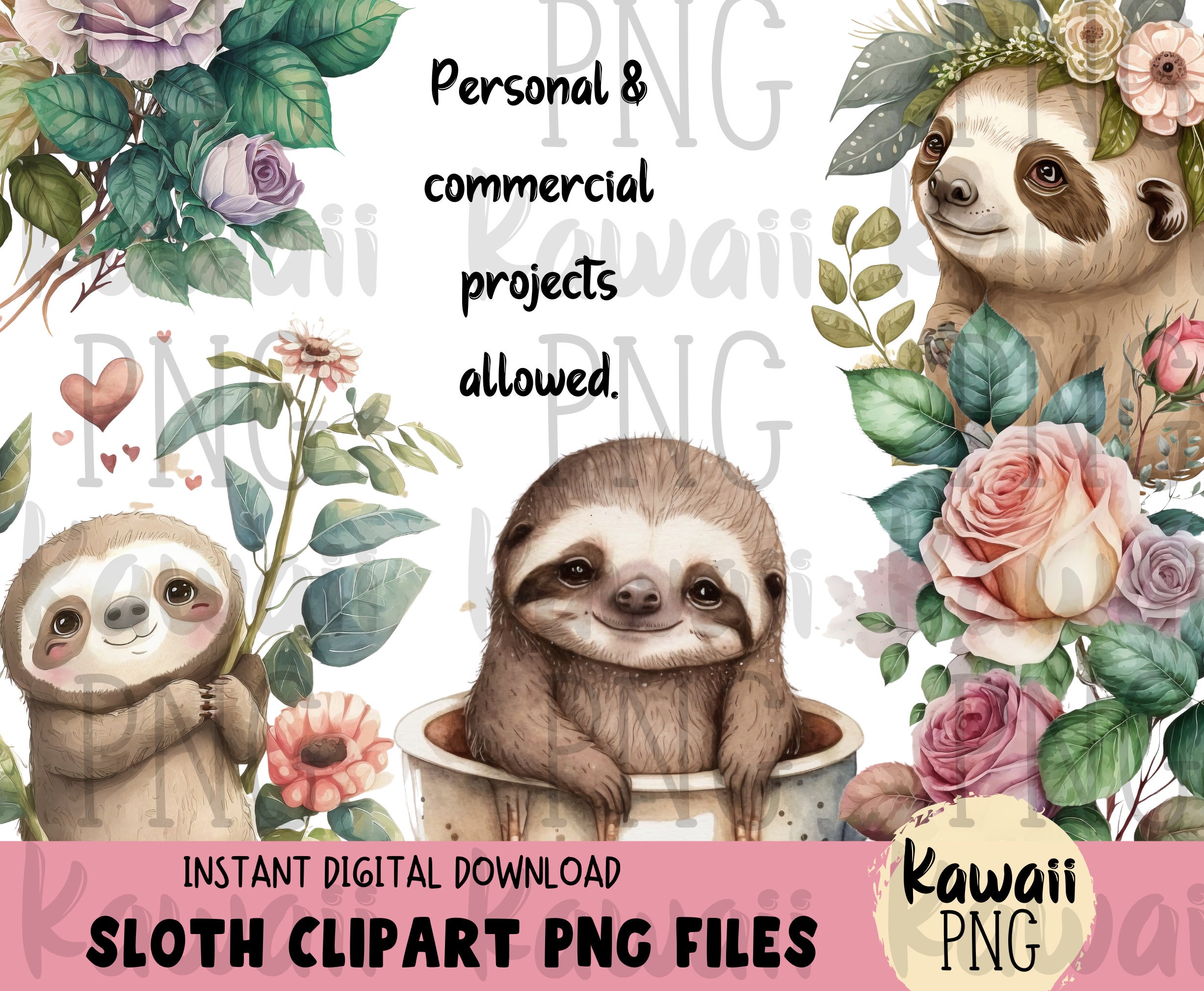 Cute Sloth PNG Files Watercolor Sloth Clipart With Floral - Etsy