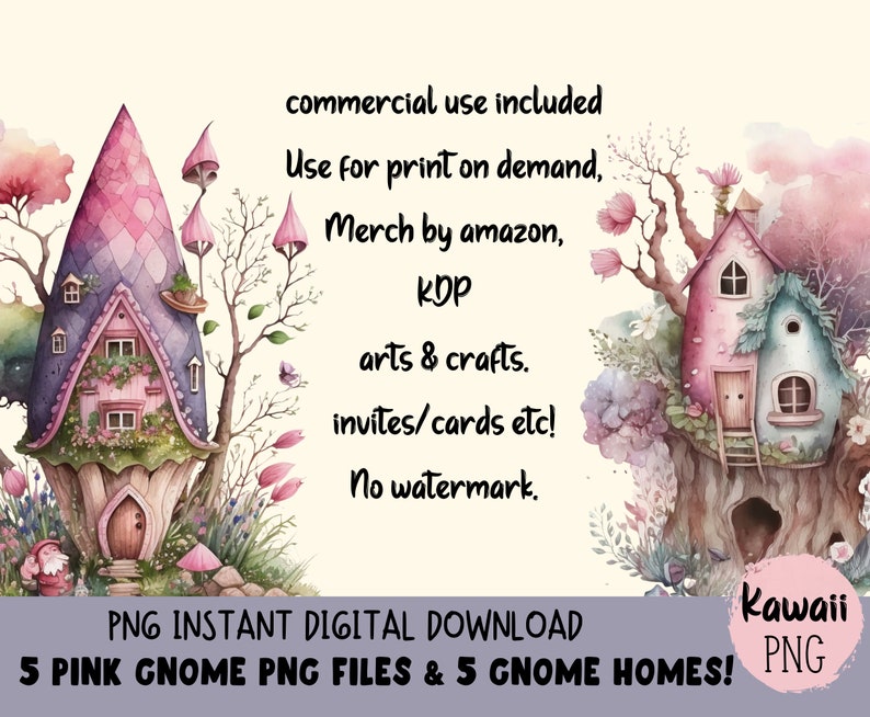 Pink Gnome Clipart PNG Bundle Cute Watercolor Gnome House Clipart PNG ...