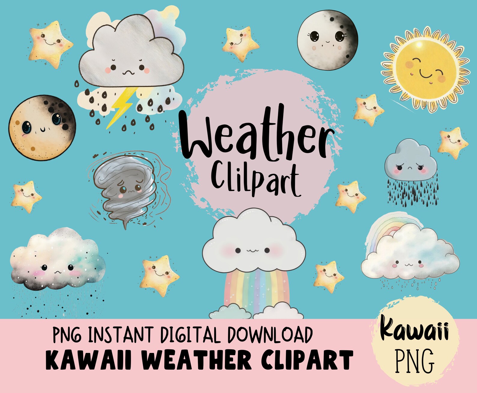 Cute Weather Clipart, Kawaii Weather Png Files for Commercial Use - Etsy UK