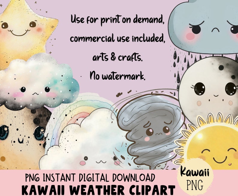 Cute Weather Clipart, Kawaii Weather Png Files for Commercial Use - Etsy UK