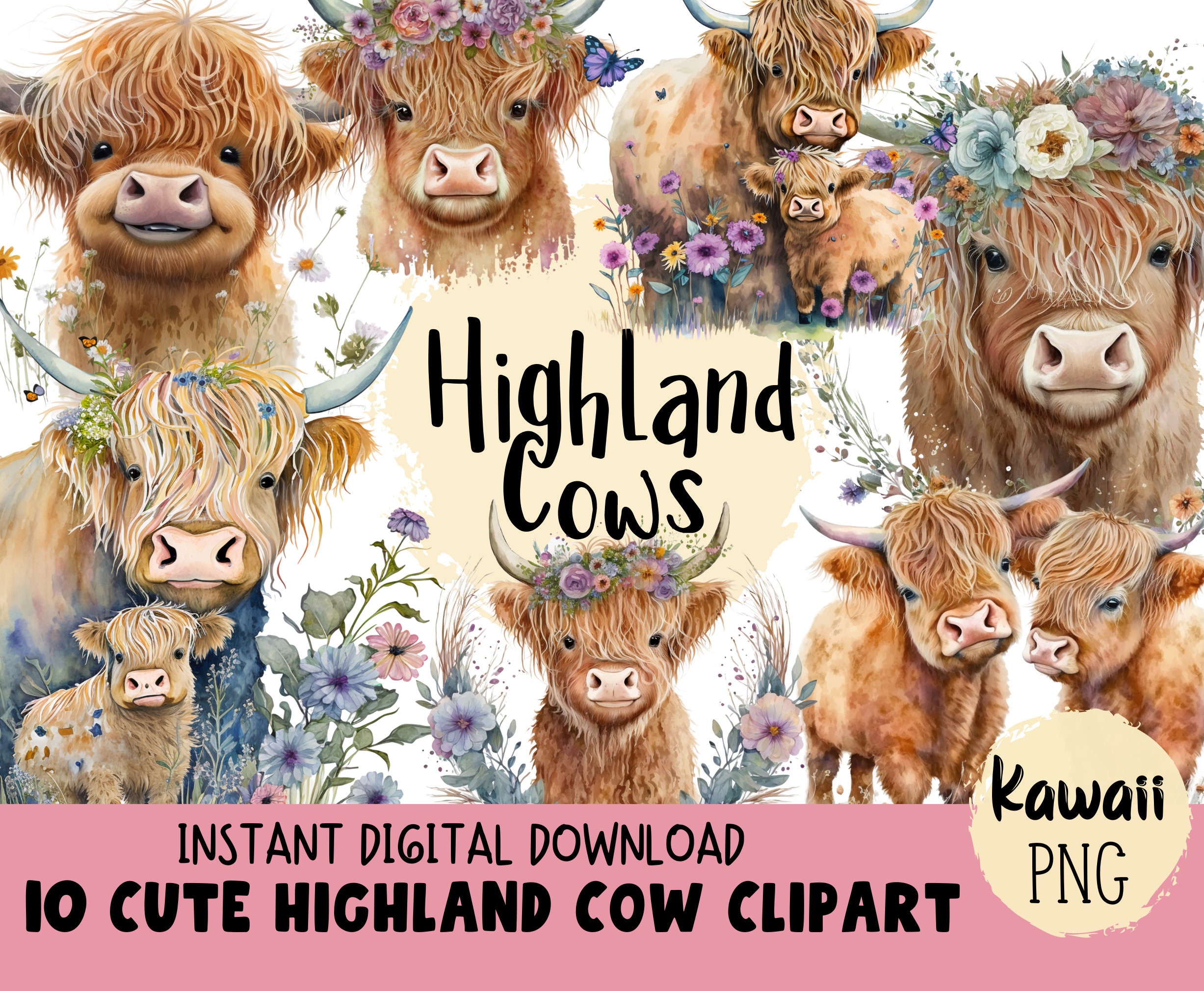 Highland Cow PNG Cow Watercolor Clipart Cute Baby Shower - Etsy