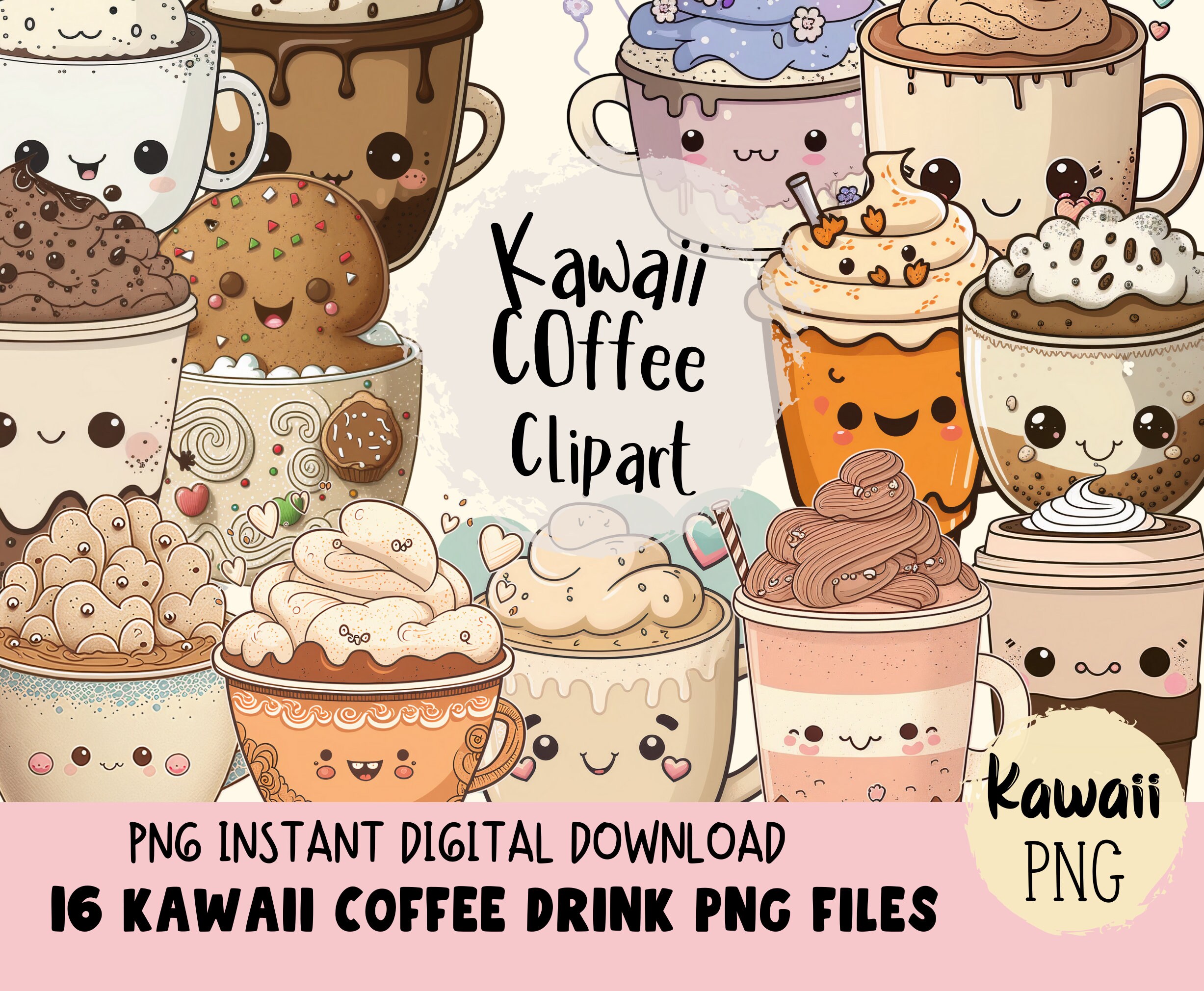 Kawaii Coffee Clipart Hot Chocolate PNG Cute Drinks Graphics - Etsy ...