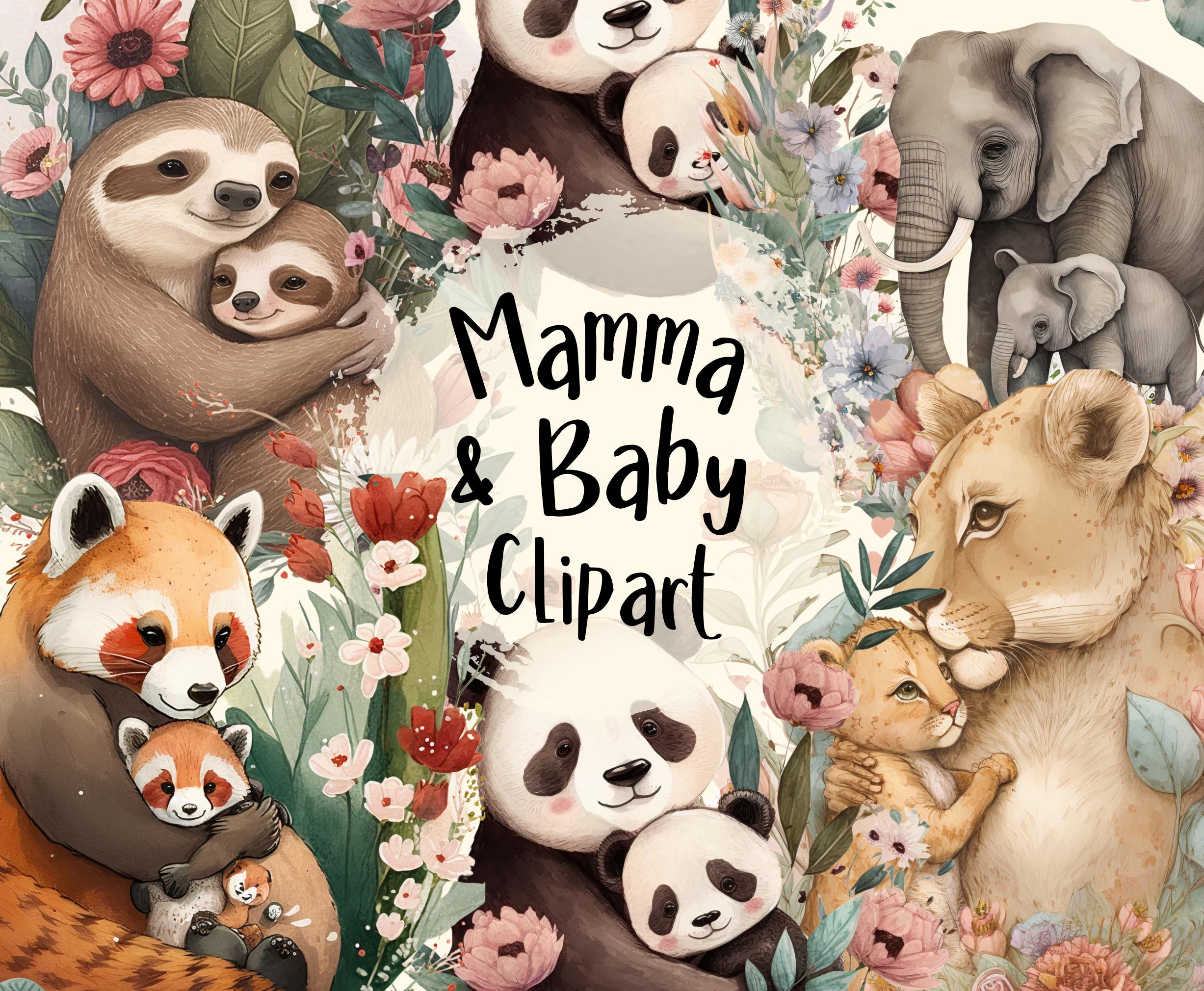 Mommy Baby Animal Watercolor Clipart Mothers Day Digital Download Mom ...