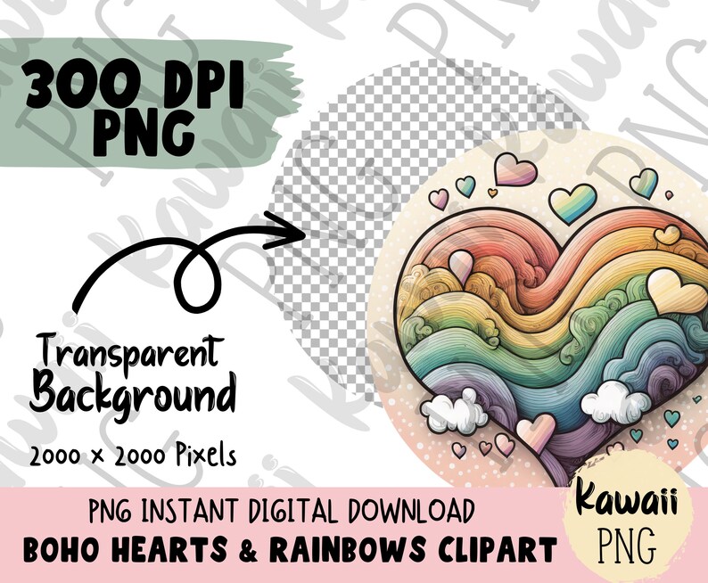 Boho Rainbow Clipart Cute Heart Graphics Heart Valentines PNG for ...
