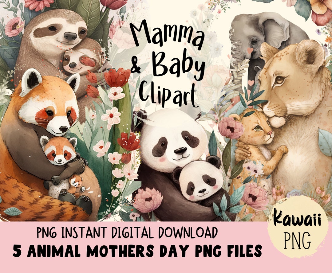 Mommy Baby Animal Watercolor Clipart Mothers Day Digital - Etsy