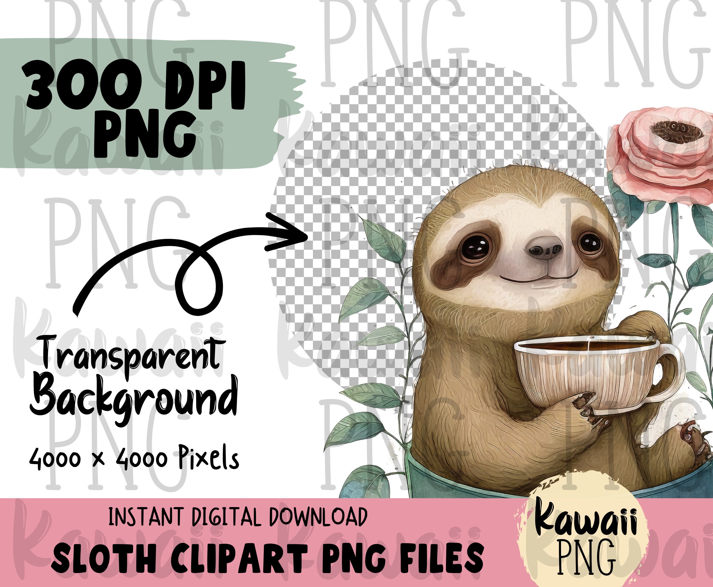 Cute Sloth PNG Files Watercolor Sloth Clipart With Floral - Etsy