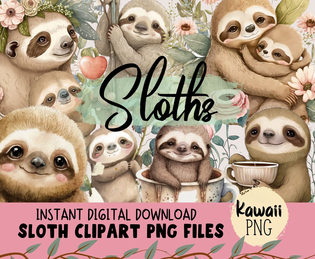 Cute Sloth PNG Files Watercolor Sloth Clipart With Floral - Etsy