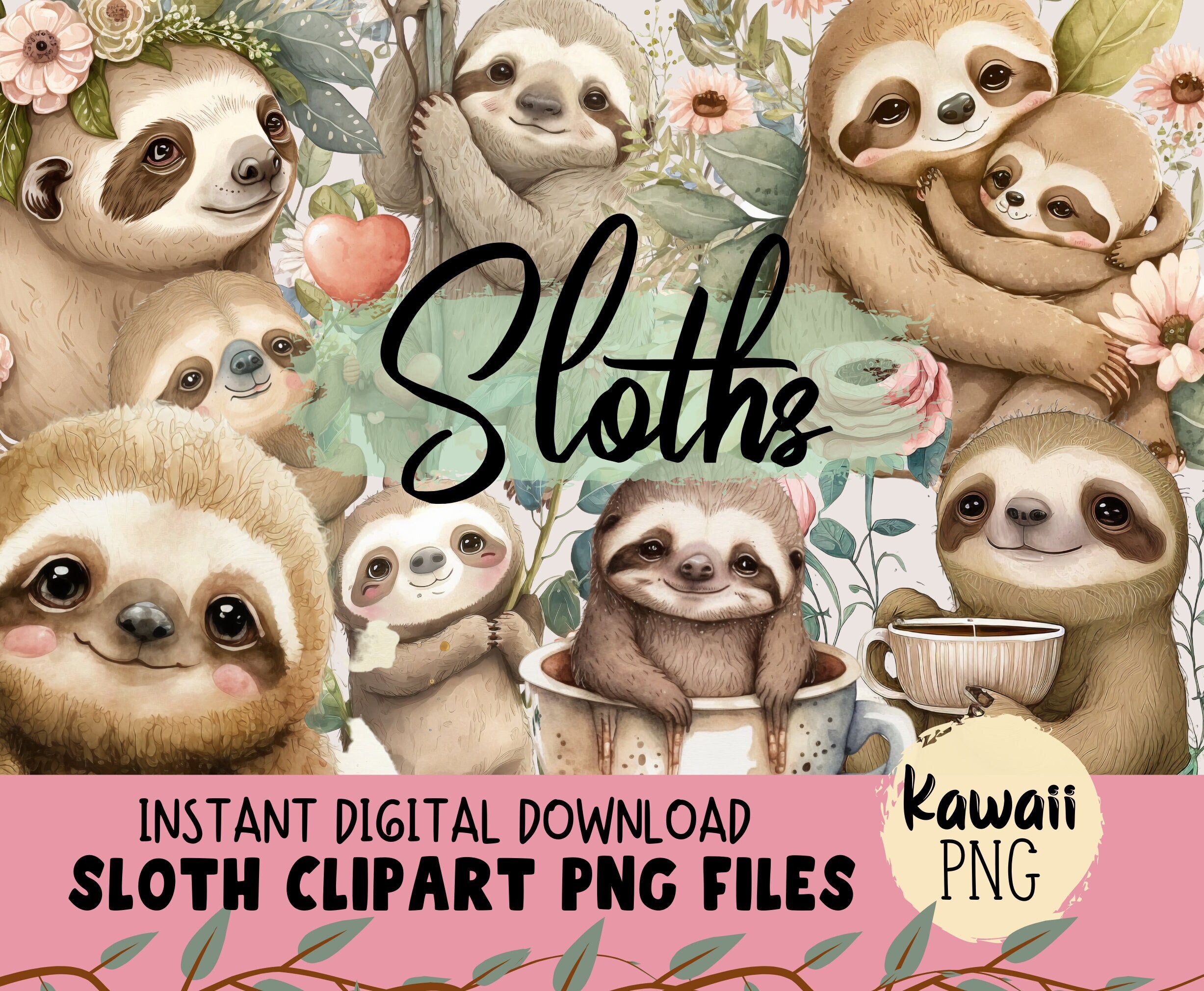 Cute Sloth PNG Files Watercolor Sloth Clipart With Floral - Etsy