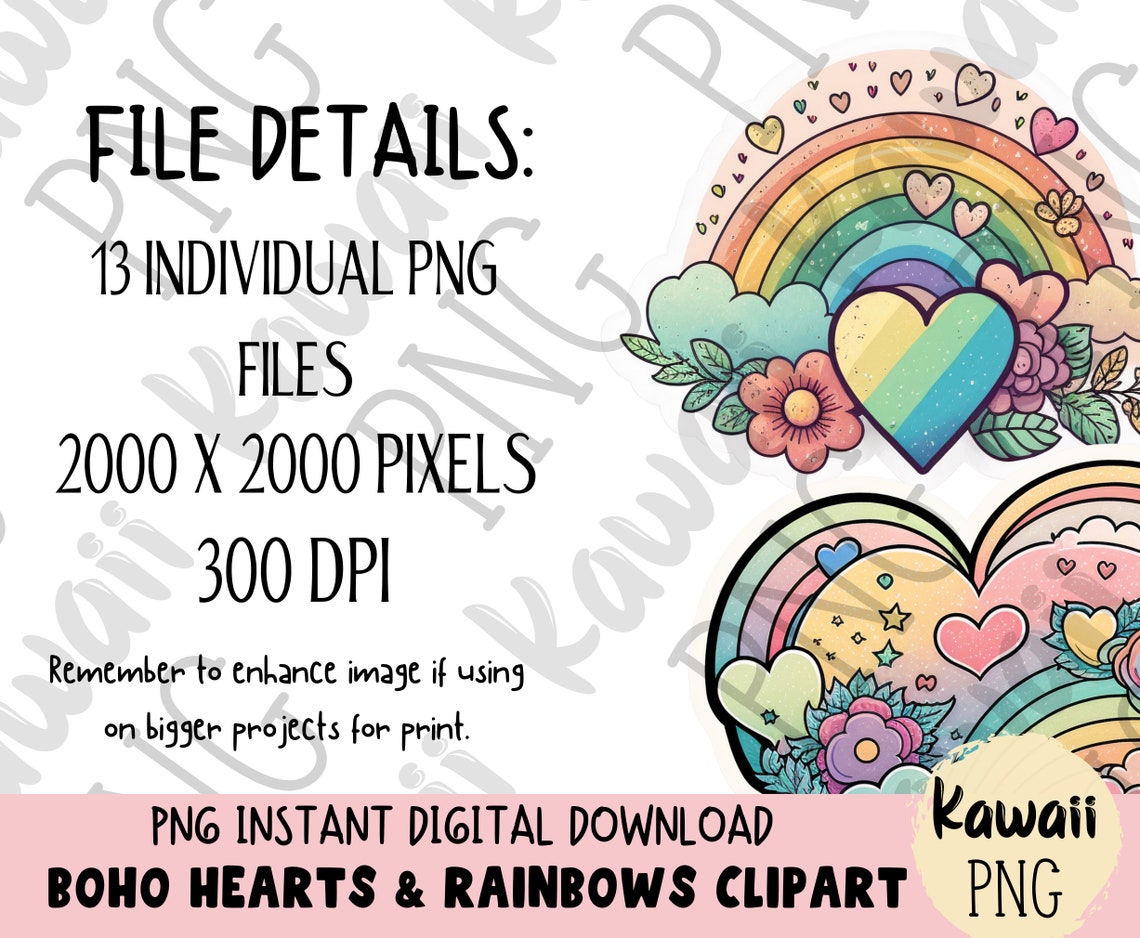Boho Rainbow Clipart - Cute Heart Graphics - Heart Valentines PNG - for ...