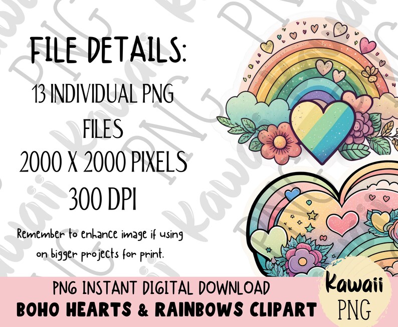 Boho Rainbow Clipart Cute Heart Graphics Heart Valentines PNG for ...