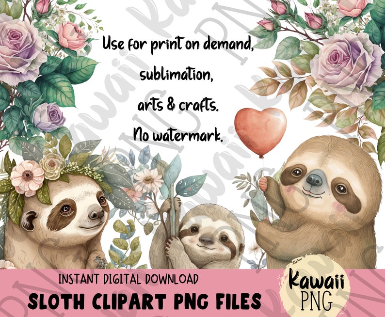 Cute Sloth PNG Files, Watercolor Sloth Clipart With Floral Elements - Etsy